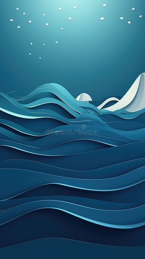 Simple Waves on the Ocean, Blue Illustration in a Made Out of Paper ...