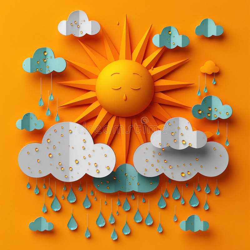 Simple Weather Icon, Sun Thunder and Cloud with Raindrops on Plain ...
