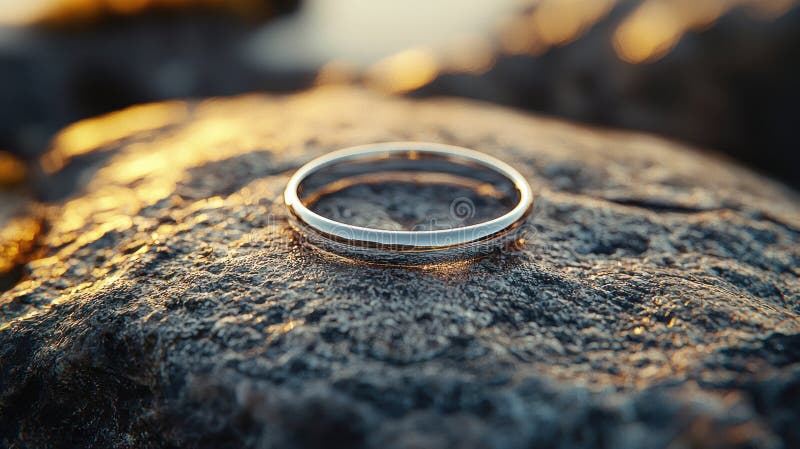 Simple Wedding Band Resting on a Rock at Sunset Stock Illustration ...