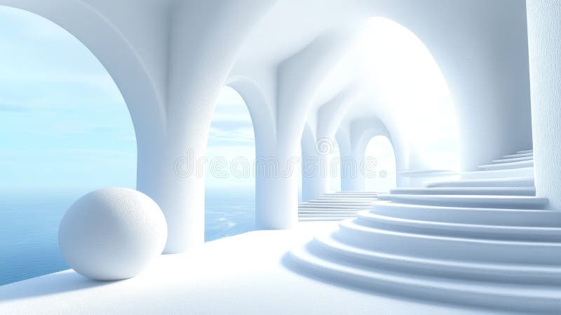 Simple White Architectural Design Featuring a Sphere and Stairs Stock ...