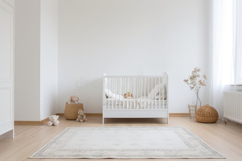 Simple, White Baby Bedroom with Cot and Rug Stock Illustration ...