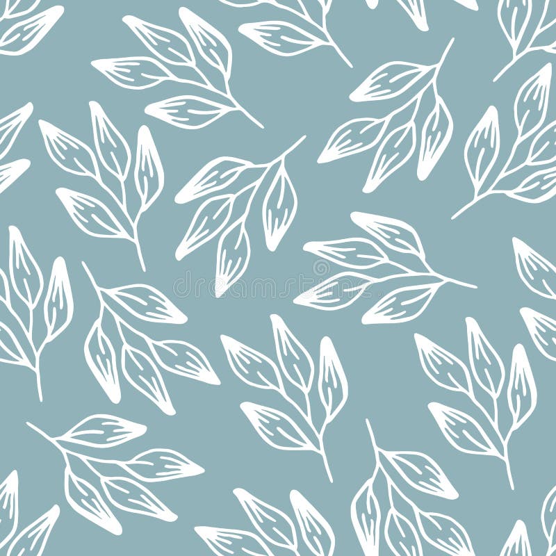 Simple White Botanical Leaves Botanical Seamless Pattern on Blue ...
