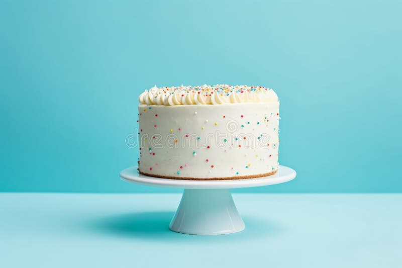 Simple Vanilla White Cake on a Solid Light Blue Background with Empty ...