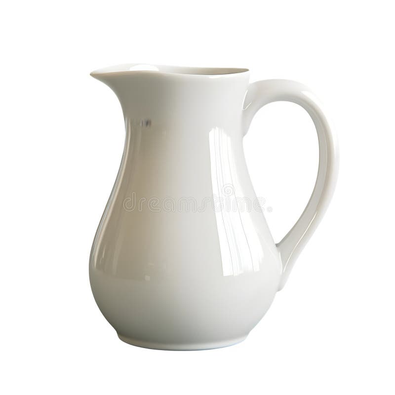 A Simple White Ceramic Pitcher with a Curved Handle Sitting on a Gray ...