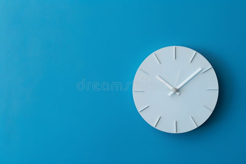 Simple White Clock on Blue Background with Copy Space Stock ...