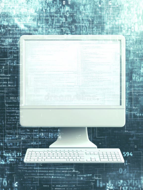 Simple White Computer Icon on Abstract Digital Background with Numbers Showcasing Technology and ...