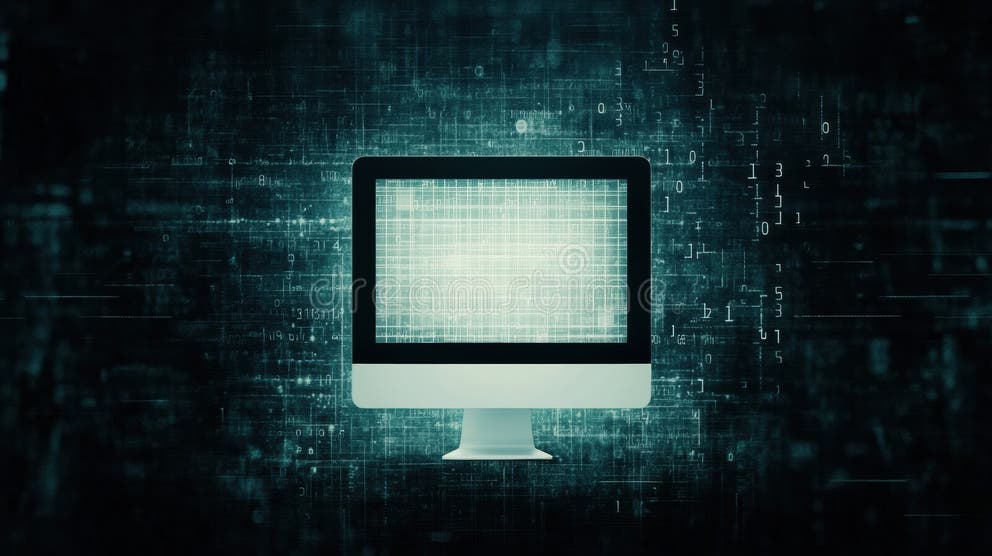 Simple White Computer Icon on an Abstract Digital Background ...