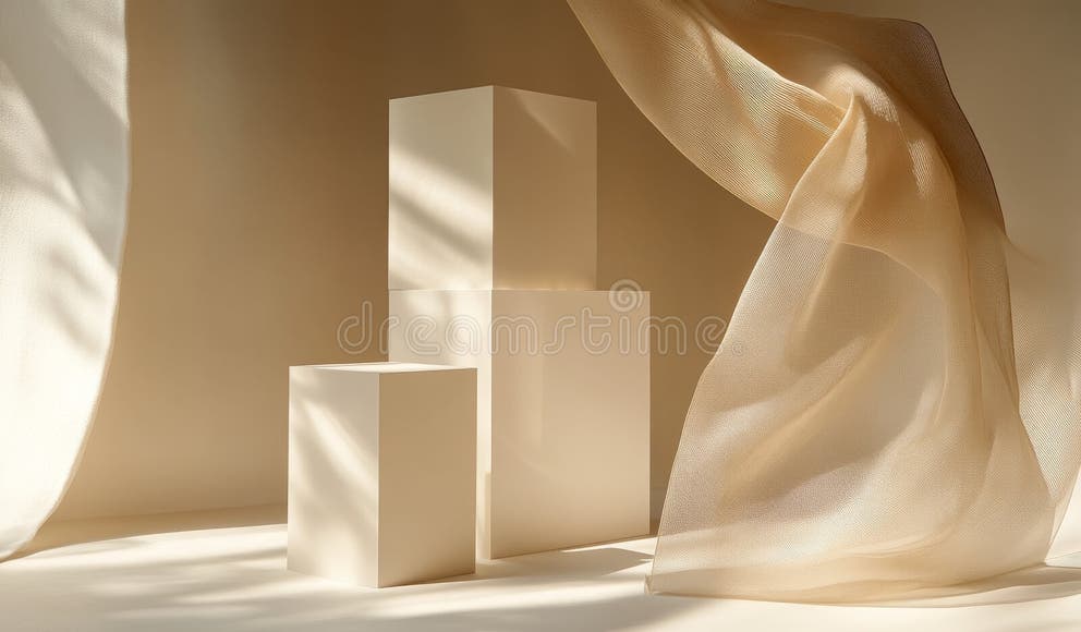 Simple White Cubes Adorned with Flowing Fabric Bathed in Sunlight Stock Photo - Image of space ...