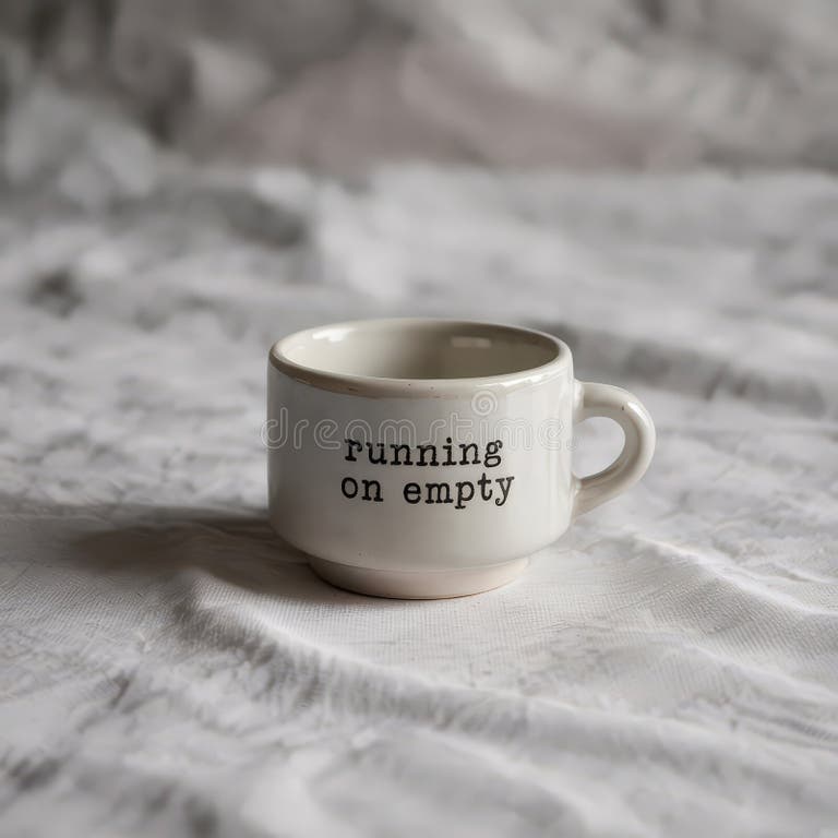 Simple White Cup with Text Running on Empty Resting on Soft Fabric in a ...