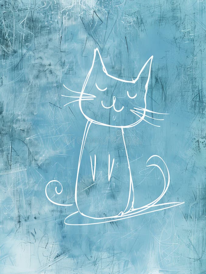 A Simple White Line Drawing of a Cat on a Light Blue Textured ...