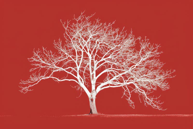 A Simple White Line Drawing on a Cherry Red Background of a Tree with ...