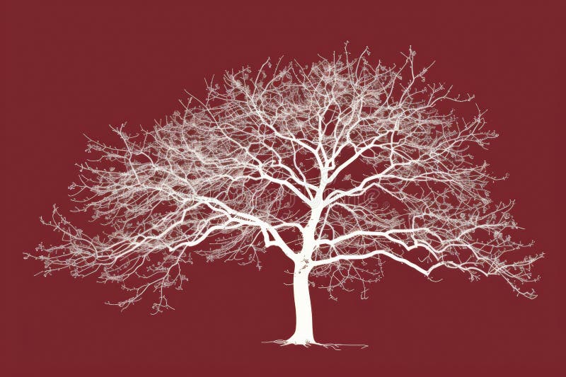 A Simple White Line Drawing on a Deep Maroon Background of a Tree with ...