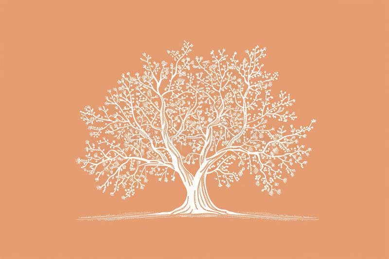 A Simple White Line Drawing on a Peach Background of a Tree with ...