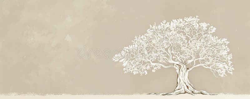 A Simple White Line Drawing on a Sand Beige Background of a Tree with ...