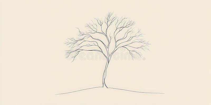 A Simple White Line Drawing of a Tree with Spreading Branches and a Few ...
