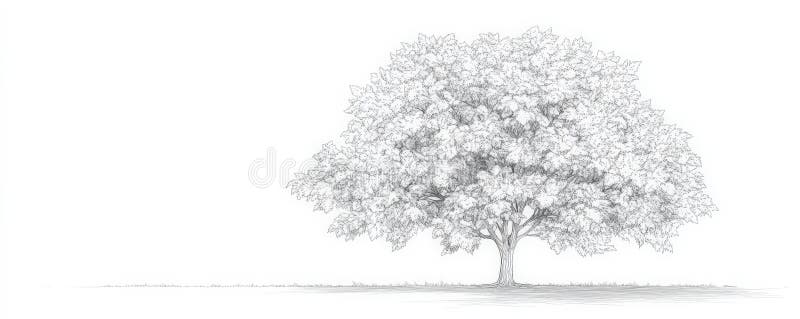 A Simple White Line Drawing of a Tree with Thick Foliage and a Sturdy ...