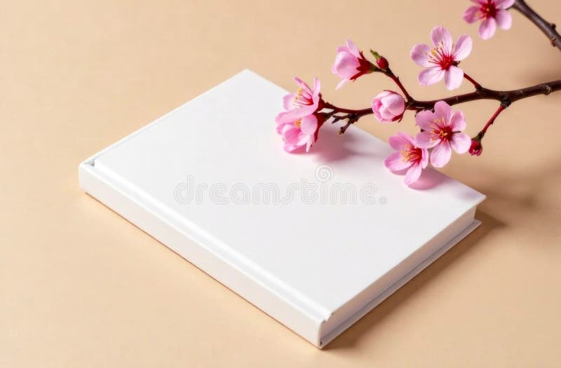 A Simple White Notebook Lies on a Beige Surface beside Delicate Pink ...