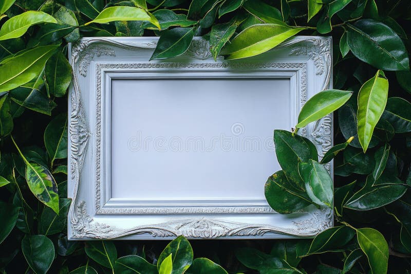 A Simple White Picture Frame Surrounded by Lush Green Leaves Stock ...