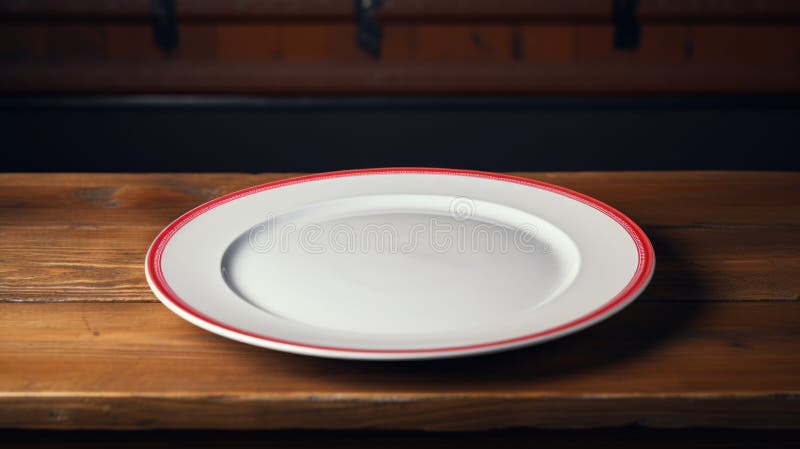 Simple White Plate with a Red Rim on a Rustic Wooden Table. Suitable ...