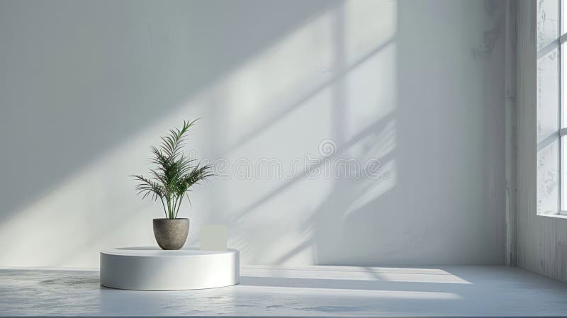 Simple White Platform with Potted Plant in Sunlit Room Stock ...