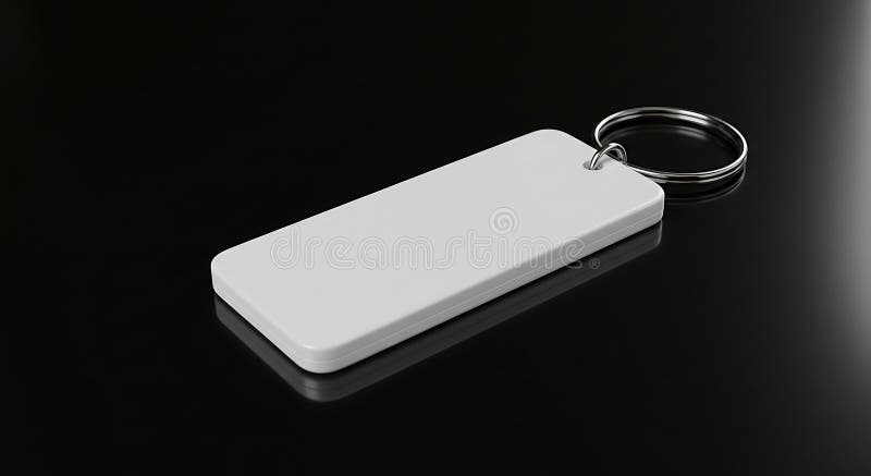 Simple White Rectangular Keychain with a Silver Ring on a Dark Backdrop ...