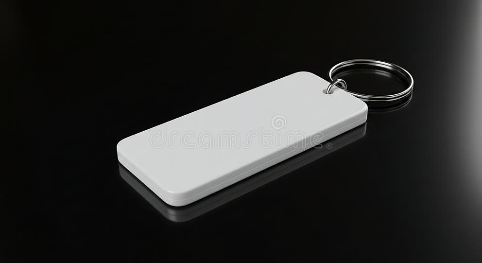 Simple White Rectangular Keychain with a Silver Ring on a Dark Backdrop ...