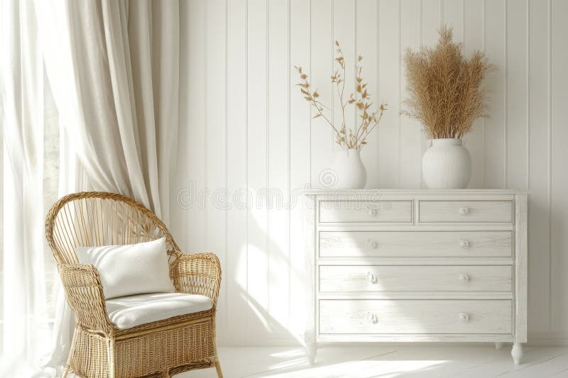 A Simple White Room with a Wicker Chair and a Chest of Drawers Stock ...