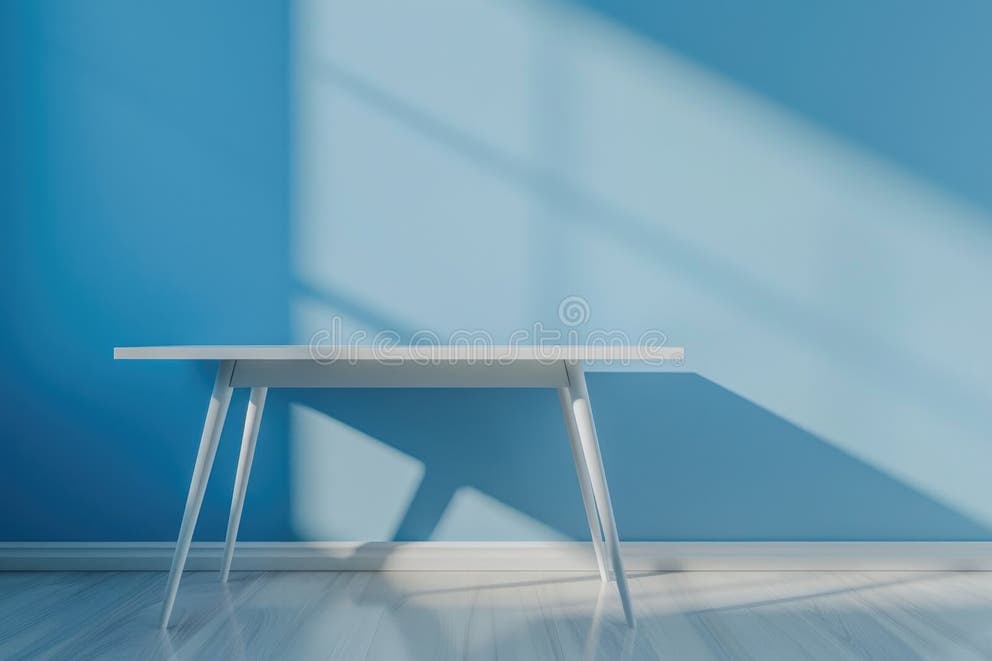 Simple White Table Against Blue Wall, Perfect for Interior Design ...