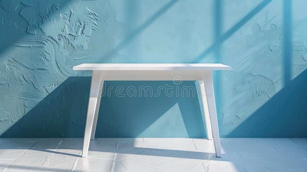 Simple White Table in Front of Blue Wall, Ideal for Interior Design ...