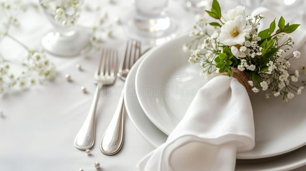 A Simple White Table Setting with a Small Bouquet of Wildflowers ...