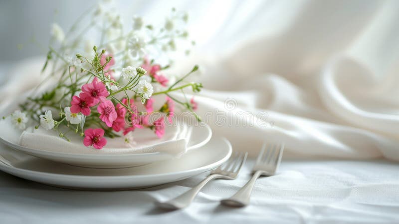 A Simple White Table Setting with a Small Bouquet of Wildflowers ...