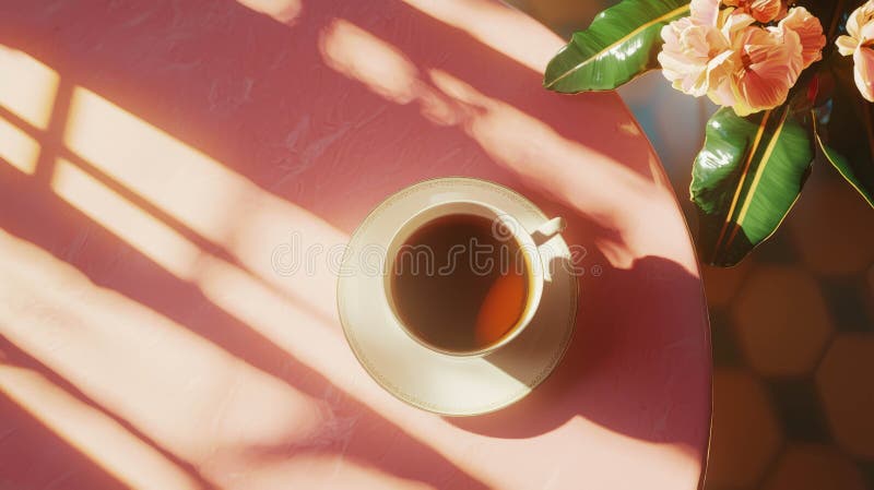 Simple White Teacup on Pink Table with Sunlight and Green Leaves ...