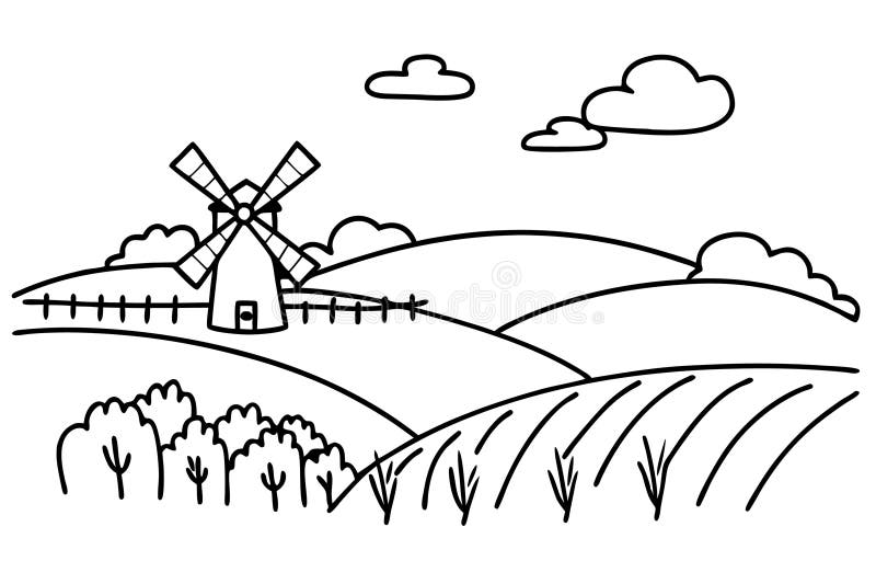 Simple Windmill Landscape Drawing with Hills, Clouds, and Trees, AI ...