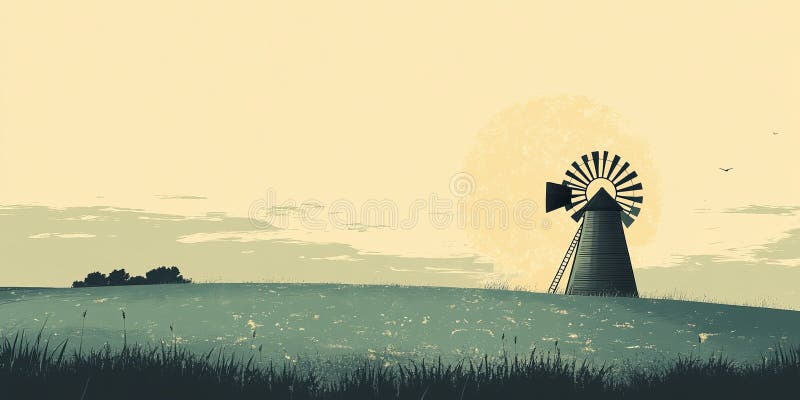 Minimalist Windmill in Field Stock Illustration - Illustration of basic ...