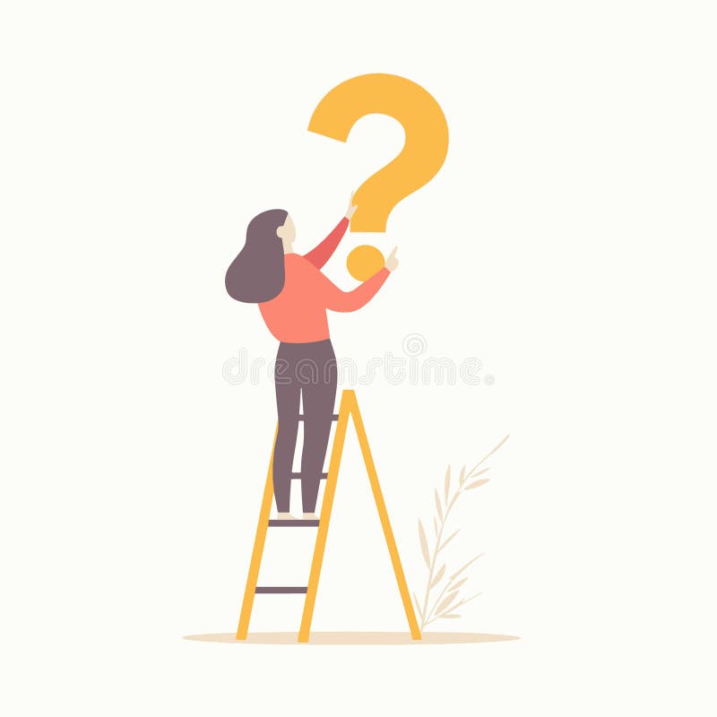 Simple Woman Standing on a Ladder Reaching for a Question Mark Vector ...