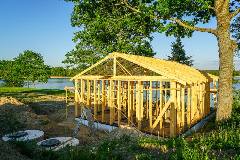 Simple Wooden Building Frame on the Lake Shore Stock Image - Image of ...