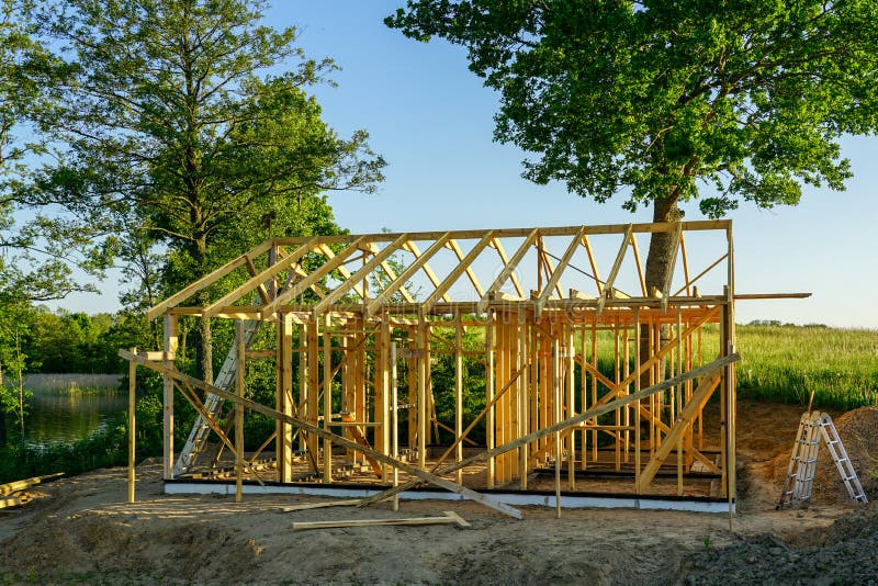 Simple Wooden Building Frame on the Lake Shore Stock Photo - Image of ...