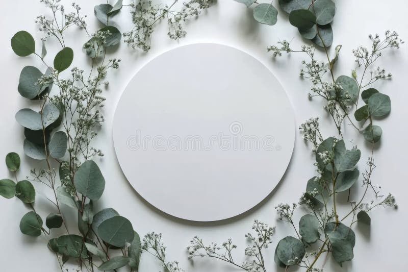A Simple Wooden Circle Surrounded by Delicate Greenery on a White ...