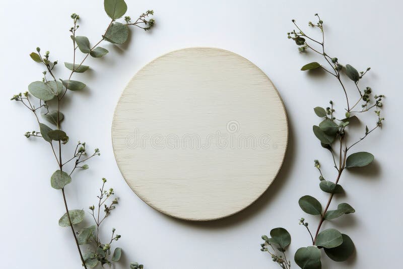 A Simple Wooden Circle Surrounded by Delicate Greenery on a White ...