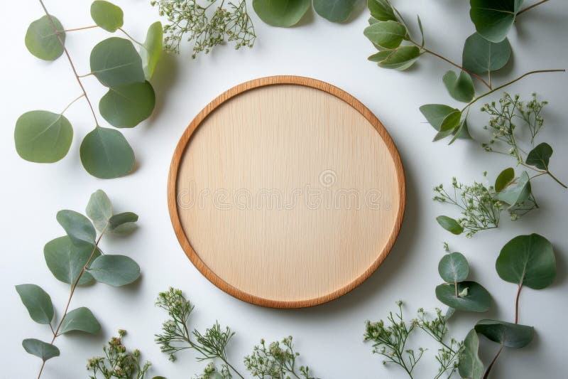 A Simple Wooden Circle Surrounded by Delicate Greenery on a White ...