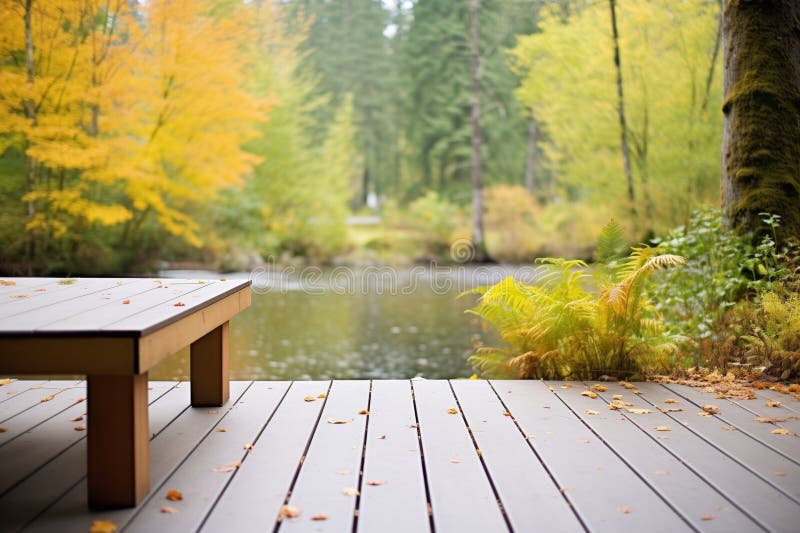 Simple Wooden Deck Overlooking a Quiet Creek in the Forest Stock Image ...