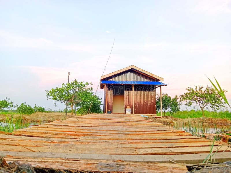 A Simple Wooden House Standing at the End of a Wooden Boardwalk Stock ...