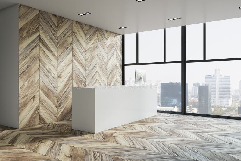 Simple Wooden Office Interior with White Reception Desk and Windows ...