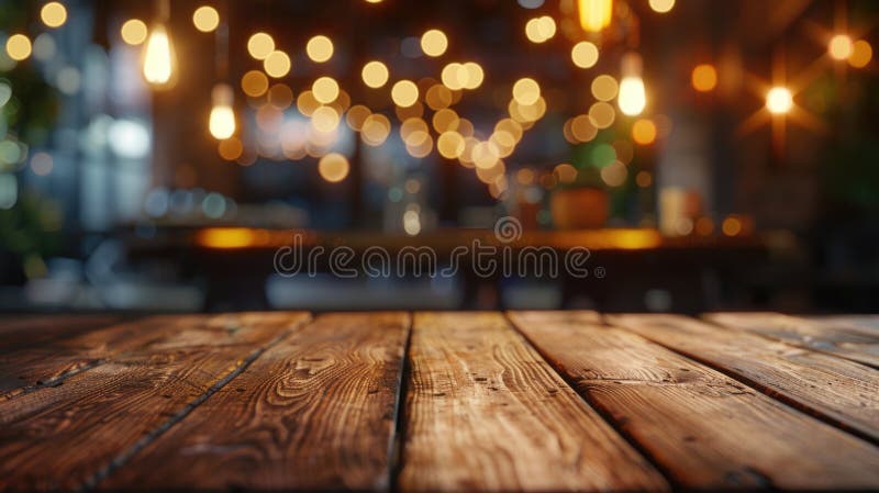 A Simple Wooden Table with Decorative String Lights in the Background ...