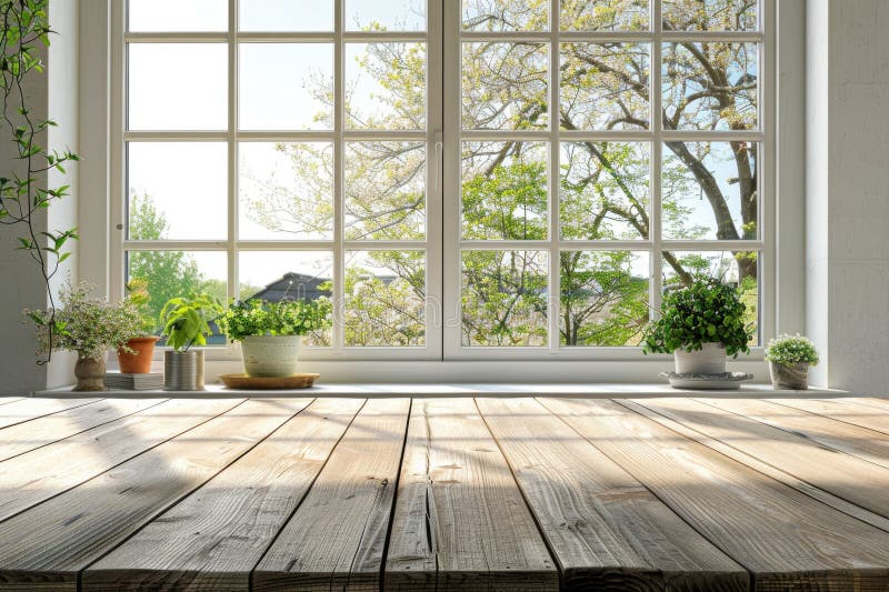 A Simple Wooden Table Placed in Front of a Large Window, Providing a ...