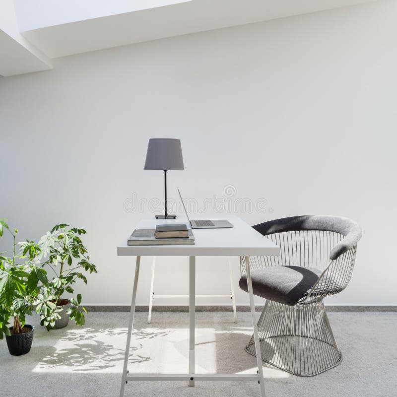 Simple Home Office with Wooden Desk, Panorama Stock Image - Image of ...