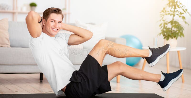 Simple Workout at Home To Keep Fit. Handsome Guydoing Exercises for ...