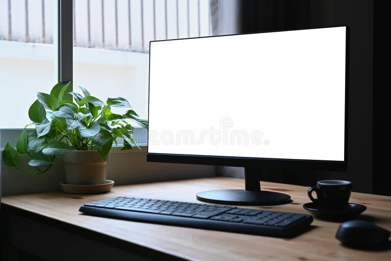 Simple Workplace with Computer Pc, Coffee Cup and Potted Plant on ...