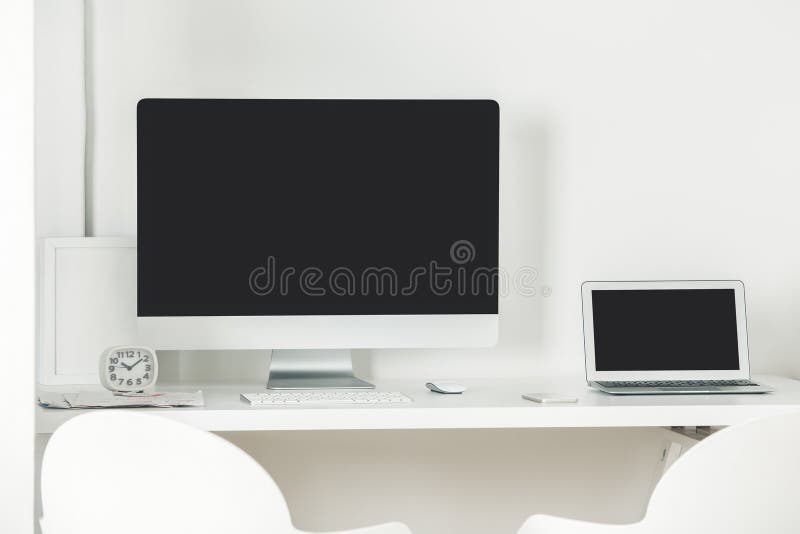 Simple Workplace with Empty Gadgets Stock Photo - Image of coffee ...