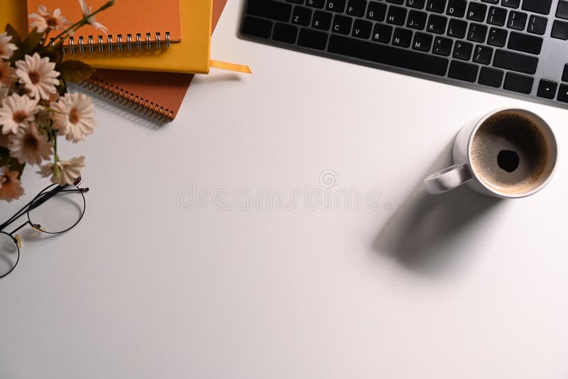 Simple Workplace with Keyboard, Coffee Cup, Glasses and Notebook. Flat ...